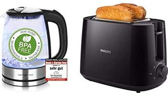 Emerio WK-119988 Glas Wasserkocher,1.7 Liter, 2200 Watt, 1.7 liters, Silber & Philips HD2581/90 Toaster, integrierter Br&ouml;tchenaufsatz, 8 Br&auml;unungsstufen, sch