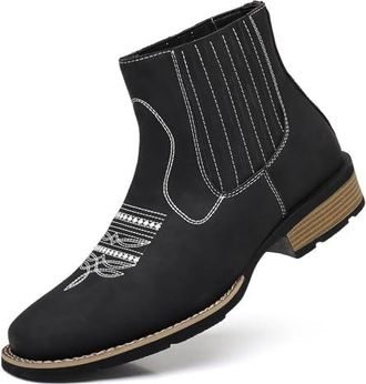 Generic Bottes Cowboy Homme Western Bottines Cheville en Cuir PU Chelsea Slip-on Bout Rond Motif Brod&eacute; R&eacute;tro Classique Ranch Durable Confortable Mode D&eacute;contra
