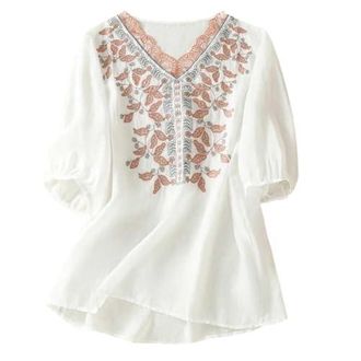 Generic Haut en lin pour femme tendance d&eacute;contract&eacute; col en V vintage broderie florale imprim&eacute; chemises chinoises d&eacute;t&eacute; boh&egrave;me hauts confortables pour femme, bl