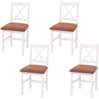Hhg Lot de 4 chaises de salle &agrave; manger HHG-613, chaise de cuisine avec dossier, chaise en bois massif, tissu, style cottage, blanc, rembourrage terracotta