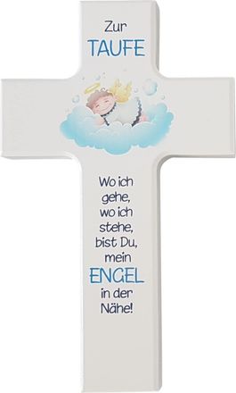 MaMeMi Kinderkreuz zur TAUFE oder GEBURT für JUNGEN 15 cm aus HOLZ mit SCHUTZENGEL und Spruch - Taufgeschenk für Buben