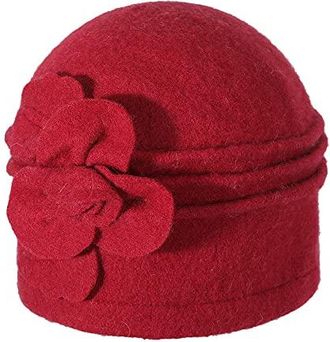 ZLYC 1920 Vintage Chapeau Cloche en Laine Fleur Chapeaux Melon pour Femme (Motif Fleur Rouge)