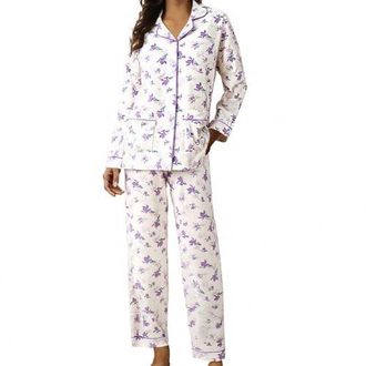 Generic Ensemble de pyjama 2 pièces pour femme à imprimé floral - Chemise à manches longues boutonnée à revers et pantalon à jambe large - Ensemble de vêtemen