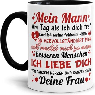 Tassendruck Liebes-Tasse mit Spruch - Am Tag als ich Dich traf - Schatz/Pärchen/Love/Glück/Innen & Henkel Schwarz
