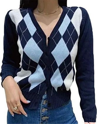 Onsoyours Femme Pull &Agrave; Carreaux Y2K Motif G&eacute;om&eacute;trique D&eacute;contract&eacute; Automne Hiver Tricot&eacute; Pull Mode L&acirc;che Tricots Angleterre Style Haut D Bleu L