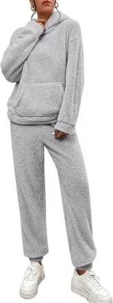 Minetom Femme Pyjama Ensemble Hiver Manches Longues Chaud Doux Polaire Vêtements de Nuit Deux Pièces Flanelle Sweat à Capuche et Pantalon A Gris S