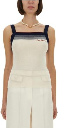 Valentino Garavani Femme, Tops, Blanc, Taille: 38 FR D&eacute;bardeur en maille c&ocirc;tel&eacute;e &agrave; col carr&eacute; avec logo brod&eacute;