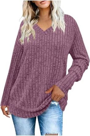 Generic Pull Col V Femme Manches Longues, Pull Femme L&eacute;ger Couleur Unie Automne Sweater Chic Et Elegant Col Bateau Hiver Chaud Oversize Tricot Grandes Tailles