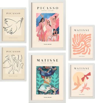Nacnic Set mit 6 Postern von Picasso und Matisse. Körper. Drucke des Fauvismus und Surrealismus für Innenarchitektur und Dekoration. A3 & A4 weiße Rahmen