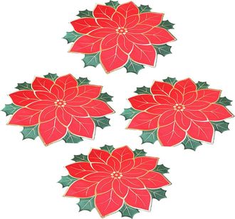 Valiclud Weihnachts Platzset Mit Weihnachtsstern Motiv 40cm Rotes Leinen Mit Schwamm Isolierende Tischunterlage Wiederverwendbar 4 Stück Für Festtagsdekoration