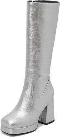 Generic Bottes hautes au genou pour femme - Talon haut - Bout carré - Fermeture éclair latérale - Pour lhiver, Argenté., 37.5 EU