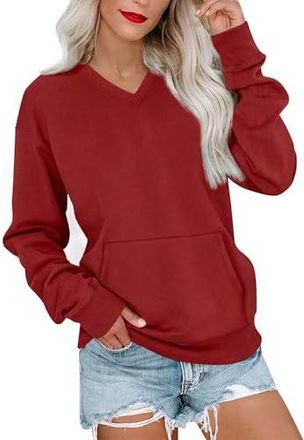 Generic Y2k Sweat à capuche sans chapeau à col en V avec poches, haut doux pour lautomne et lhiver, Rouge, XXL