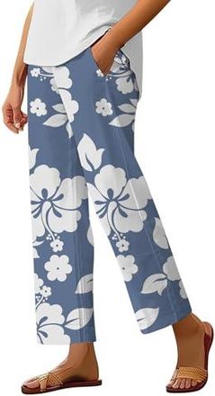 Generic Robe boh&egrave;me d&eacute;contract&eacute;e pour femme - Imprim&eacute; floral - Pantalon en lin &agrave; rayures - Taille &eacute;lastique - Cordon de serrage - Pour l&eacute;t&eacute;, le printemps, la 