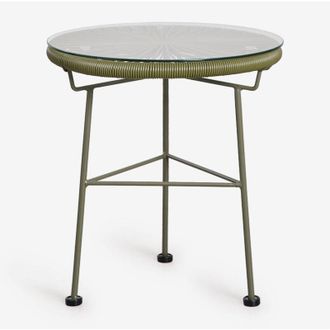 Sklum Runder Garten-Beistelltisch &Oslash;45 cm aus Stahl und Kunstgeflecht Acapulco Tiefes Gr&uuml;n Olive