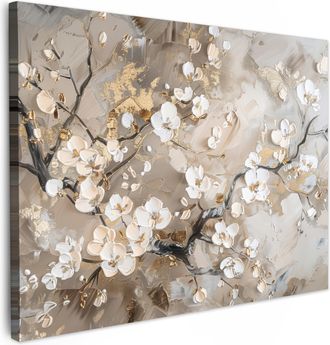 MuchoWow © Leinwandbilder 40x30 cm Wall Art Decoration Bilder für die Wand Schlafzimmer Deko Canvas Painting Wanddekoration Wohnzimmer Blumen - Weiß - Gold - B