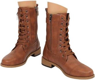 Generic Bottes de combat dhiver pour femme à talon bas - Bottines classiques à lacets en cuir vintage - Bottes décontractées - Antidérapantes - Couleur unie -