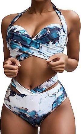 Generic Maillots De Bain Femme Deux Pieces Grande Taille Pièce Halter Wrap Tops Shorts Haut Bikini Crop Halter Piece Deux Deux Eau Rétro Ruché Imprimé Avant C