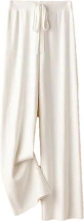 Generic Pantalon en cachemire pour femme - Jambe droite - &Eacute;pais - D&eacute;contract&eacute; - Drap&eacute; - Pantalon dext&eacute;rieur taille haute, Blanc cr&egrave;me, L