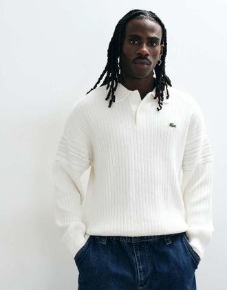 Lacoste pull polo en maille torsad&eacute;e cr&egrave;me-Blanc