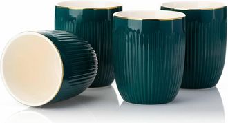 HowHomely Keramik Kaffeetassen mit L&ouml;ffel (4 x 300 ml) | Steingut Geschirr Set | Gr&uuml;n Tassen 4er Set | Auch verwendbar als Espressotassen Kaffeetasse oder Teeta