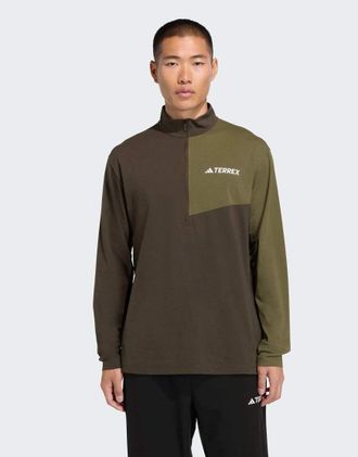 adidas Terrex Multi Climacool - Lang&auml;rmliges Shirt in Shadow Olive mit kurzem Rei&szlig;verschluss-Gr&uuml;n