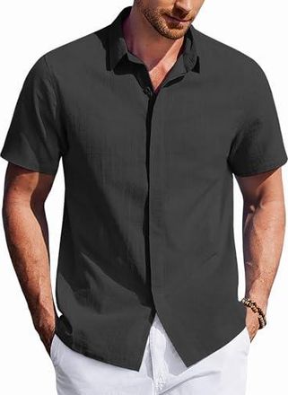 Coofandy Chemise Homme Manches Courtes Coton &Eacute;t&eacute; Chemise Casual Homme Plage Vacances Confort Respirante avec Boutons Cach&eacute;s Noir 3XL