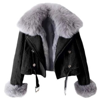 Generic Manteau dhiver en fausse fourrure pour femme - Veste en jean &eacute;paisse doubl&eacute;e de fausse fourrure - Manteau court doux amovible, Noir, XXL