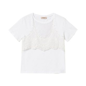 Twinset Trompe-loeil-T-Shirt mit Spitze - - Tops - Damen - Wei&szlig; - S
