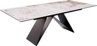 DELIFE Esszimmertisch Edge Keramik Minas Melange Wei&szlig;-Beige 180-220x100 V-Gestell Flachstahl Schwarz ausziehbar