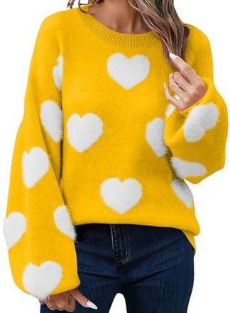 Generic Pull pour femme &eacute;l&eacute;gant &agrave; manches longues avec col rond en tricot avec plusieurs coeurs d&eacute;contract&eacute; ample &agrave; manches longues, jaune, XXL