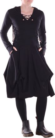 vishes Alternative Bekleidung - Damen asymmetrisches Kleid Baumwolle Casual mit Kapuze und Daumenloch mit Taschen schwarz 52