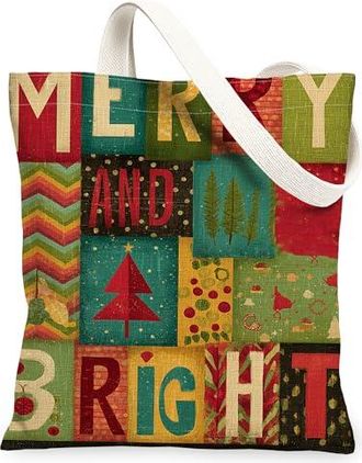Generic Merry Bright Sacs fourre-tout en toile r&eacute;utilisables Motif patchwork vintage l&eacute;ger lavable Bandouli&egrave;re Toile F, multicolore, 13x15 Inch