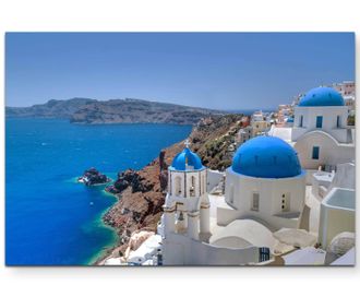 Paul Sinus Art Fotografie - Santorini Kirchenglocke und Kuppeldächer - Leinwandbild 120x80cm