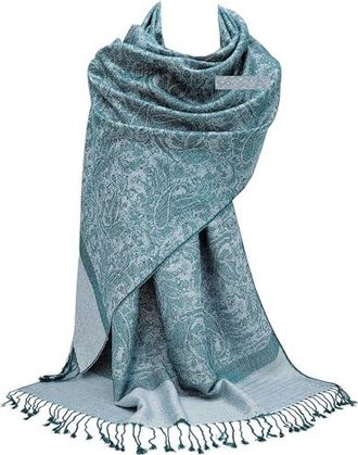 GFM Écharpe douce style pashmina avec motifs floraux cachemire en relief (P093), P093-tlch-Teal Gris