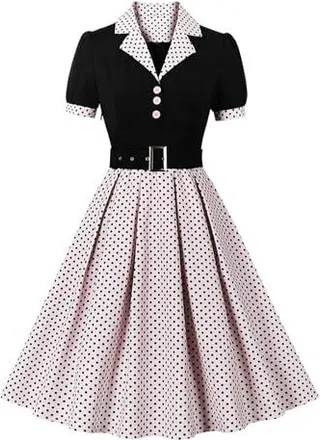 Generic Robe Vintage Femme Année 40, Chic Et Elegant Chemise 1950s Plissé Robes Vintage Swing Cérémonie Jupe Plissée avec Noeud A-Line Robe Rose Cocktail Dans
