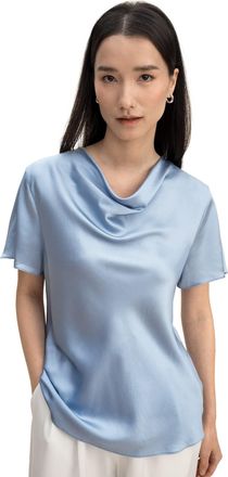 LilySilk Damen Reine Seide Hemd Frauen Sommer Bluse mit Haubenhals und kurzen Ärmeln Mädchen Puli Top für lässigen täglichen Gebrauch(Himmelblau,XS)