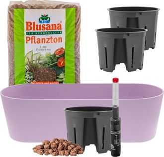 Leni Flori Jardiniere Blumentopf länglich 36 cm Lavendel/Pastell lila Hydrokultur-Komplett-Set mit Übertopf Hydro-Töpfen Wasserstandsanzeiger & Pflanzton