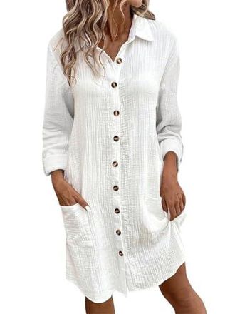 TOMWELL Robe Cotton en Line Ete Grande Taille Robe R&eacute;tro Mini Robe L&acirc;che Couleur Unie Manches Courtes Chemise Boutons Lin Robe C Blanc XS