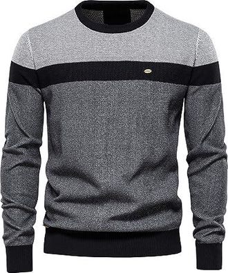 Generic LOIJMK Pull-homme &agrave; manches longues, ray&eacute;, pull-homme en patchwork, col rond &agrave; la mode, pull-homme d&eacute;contract&eacute; avec imprim&eacute; (Gris, XXL)