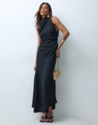 Asos Midaxi-Kleid aus Cr&ecirc;pe mit hohem Ausschnitt und weitem Rock in Schwarz-Gr&uuml;n