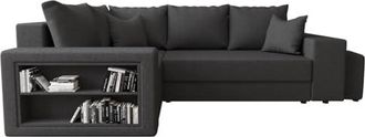 Best Mobilier Libbie - Canap&eacute; dangle Gauche 4 Places Convertible avec Coffre, &eacute;tag&egrave;re et poufs en Tissu, Gris Anthracite