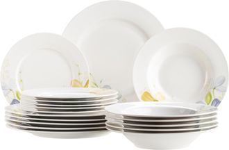 M&auml;ser 934497 Serie Zibal, Teller Set f&uuml;r 6 Personen, 18-teiliges Geschirrset mit Speiseteller, Suppenteller, Dessertteller; florales Blumenmuster, Porzellan