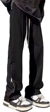Generic Pantalon d&eacute;contract&eacute; &agrave; fermeture &eacute;clair pour homme avec cordon de serrage, coupe droite, taille haute, jambe large, Noir, XXL