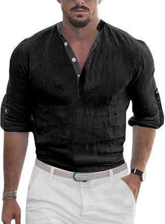 Minetom Chemise Lin Homme Col en V Manches Longues Chemise D&eacute;contract&eacute;e Chemises Hommes Couleur Unie Plage Casual Bouton Henley Shirts Regular Fit A Noir XS