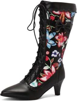 Generic Bottes Mi - Mollet Femme Bout Pointu Broderie Florale Lacets Décor Noeud Talons Aiguilles Zip Robe De Soirée Fête Prom Bottes,Noir,46 EU