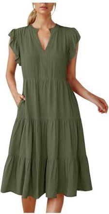 Generic Robe d&eacute;t&eacute; 2026 boh&egrave;me pour femmes, robe midi &agrave; manches volant&eacute;es et col volant&eacute;, coupe d&eacute;contract&eacute;e, pour plage &agrave; volants, Vert, L