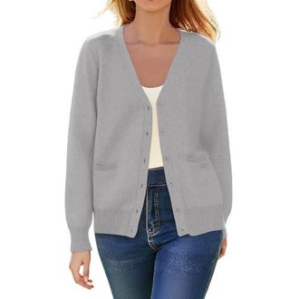 Generico Pull à manches longues confortable pour le bureau et les loisirs Cardigan dautomne léger en tricot pour femme avec col en V et poches, gris, XS