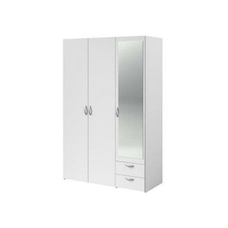 Parisot Armoire blanche 120x185 cm avec miroir - 3 portes battantes - 2 tiroirs - Panneaux de particules d&eacute;cor blanc - Am&eacute;nagement int&eacute;rieur optimis&eacute;