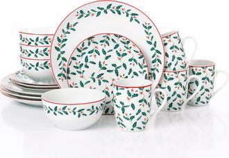 Retsch Arzberg Kombiservice Geschirr HOLLY-DAY 16teilig f&uuml;r 4 Personen/Weihnachten - Merry Christmas/klassisches Stechpalmendekor/Porzellan runde Form/Waterside Engl