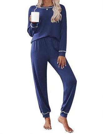 Ekouaer Pyjama Femme 2 Pi&egrave;ces avec Poche &agrave; Ceinture Ajustable V&ecirc;tements de Nuit Hiver T-Shirt,Bleu Marine,XL